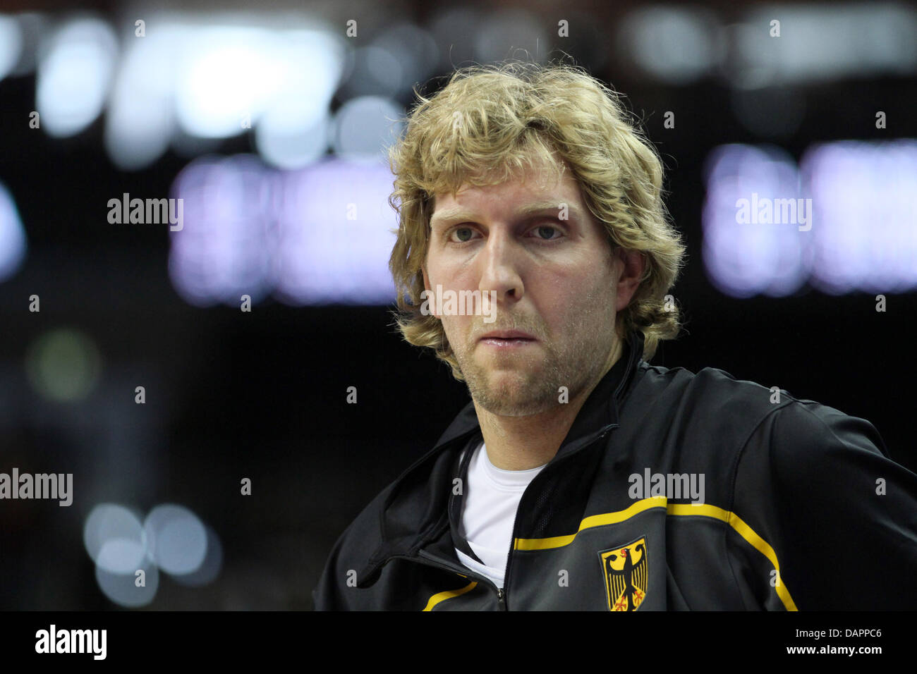 German player Dirk Nowitzki warms up prior to the basketball ...