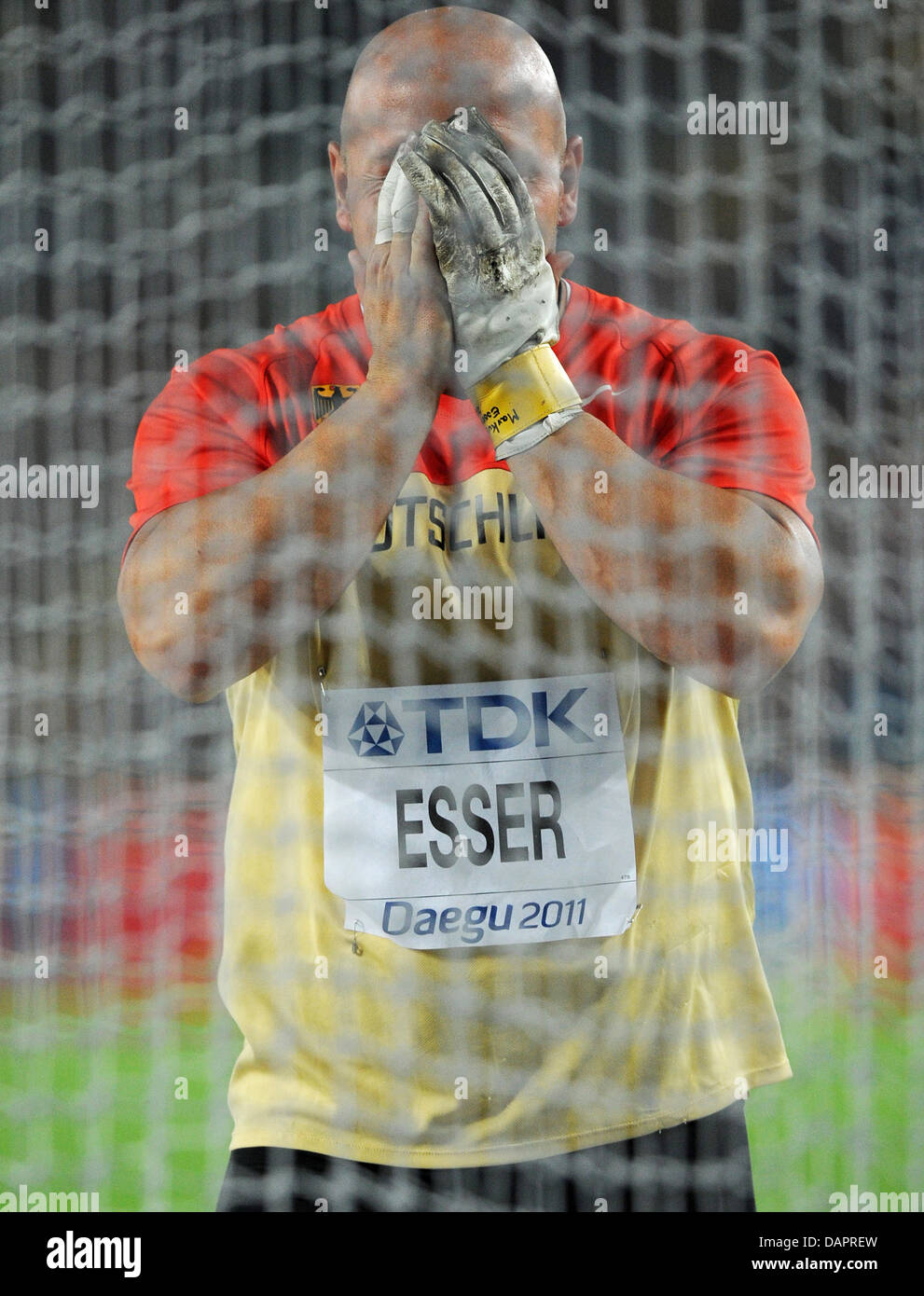 Markus Esser of Germany reacts in Hammer Throw final at the 13th IAAF ...