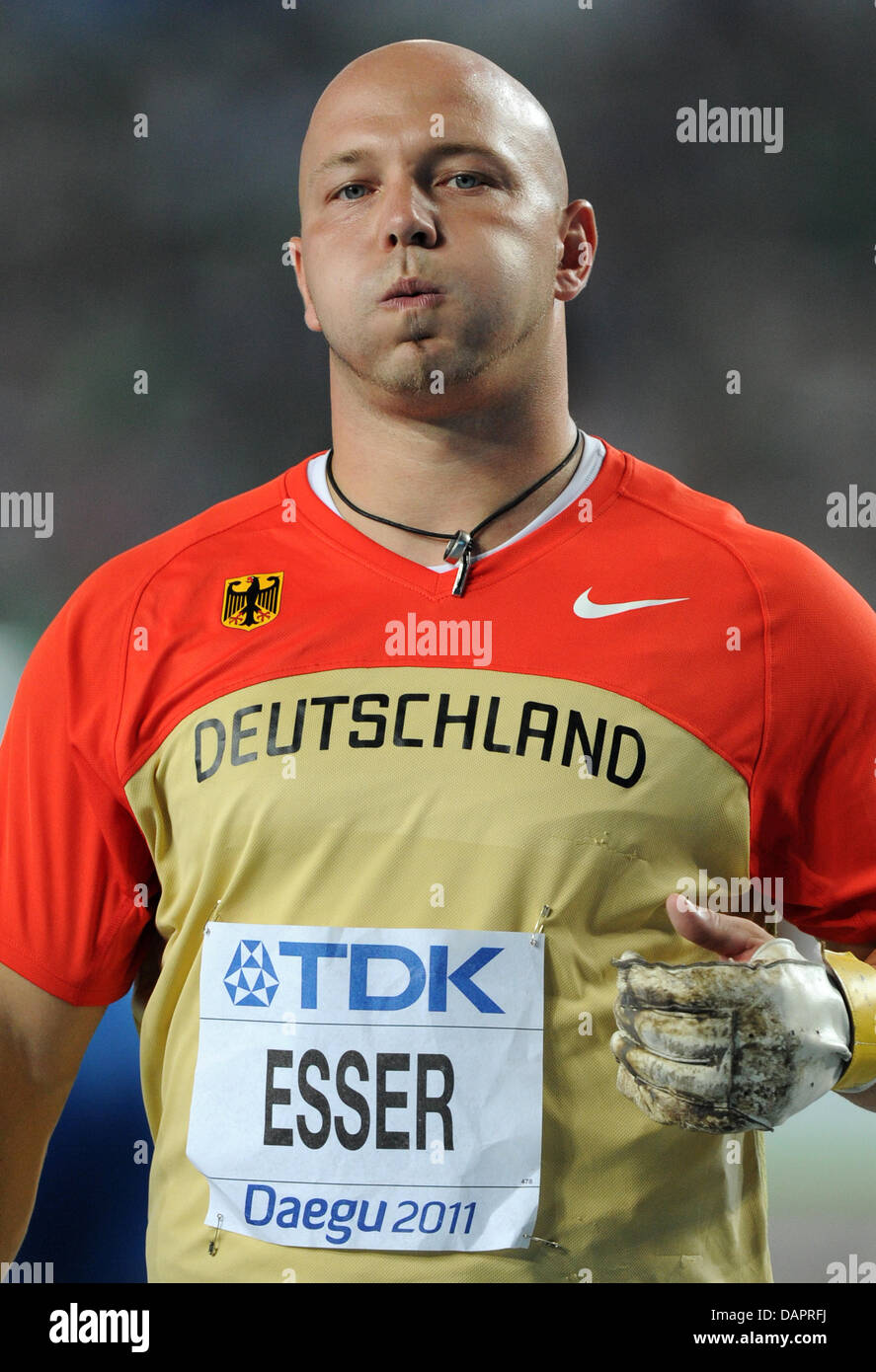 Markus Esser of Germany reacts in Hammer Throw final at the 13th IAAF ...