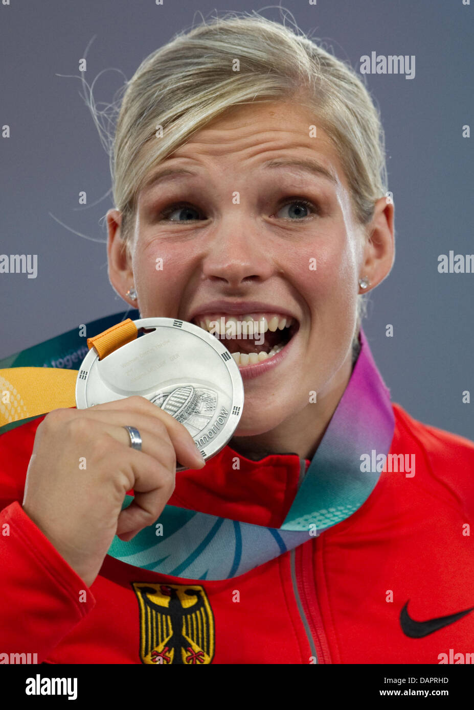 Nadine Müller of Germany poses with her silver medal after the medal ...