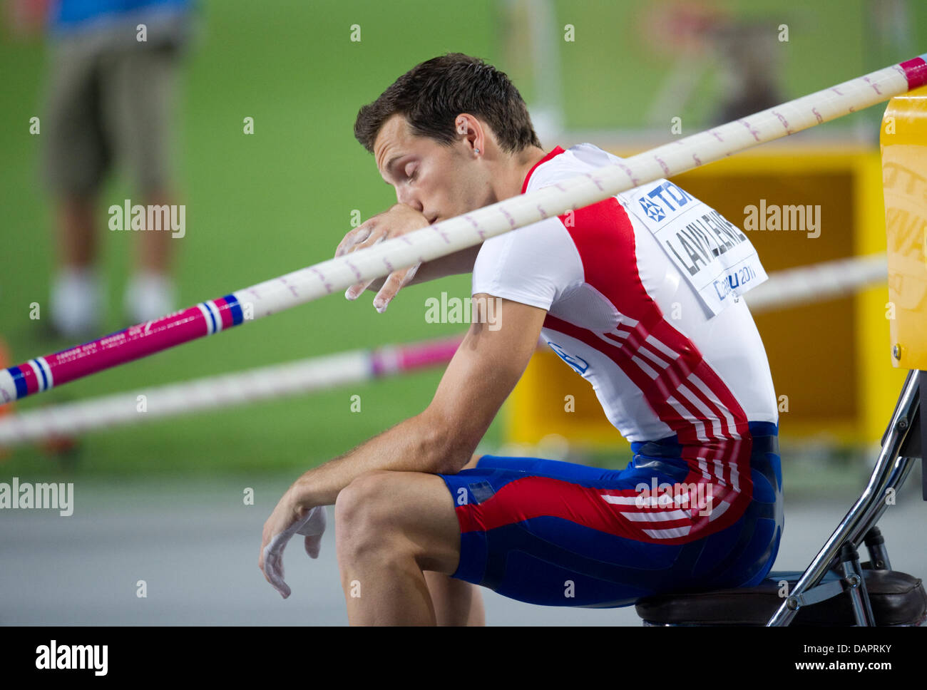 Renaud Lavillenie of France reacts in the mens Pole Vault event at the ...