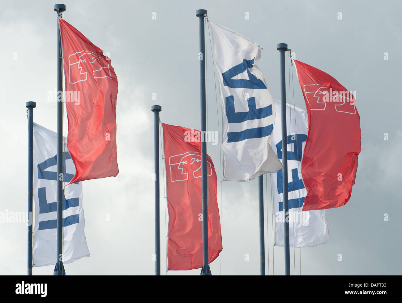 Flags of the International Radio Exhibition IFA wave in front of the ...