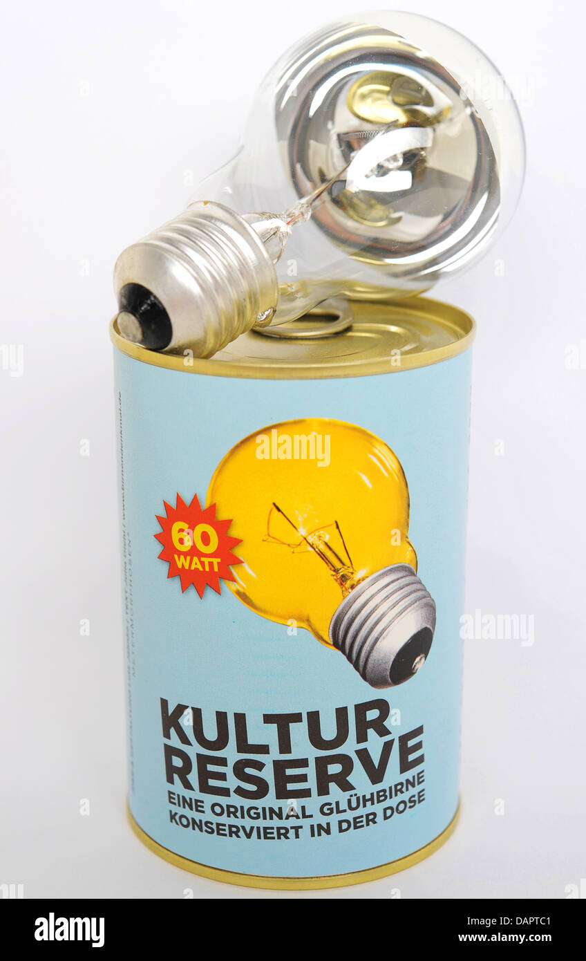 A 60-watt light bulb lays on top of a can saying 'Kulturreserve ...