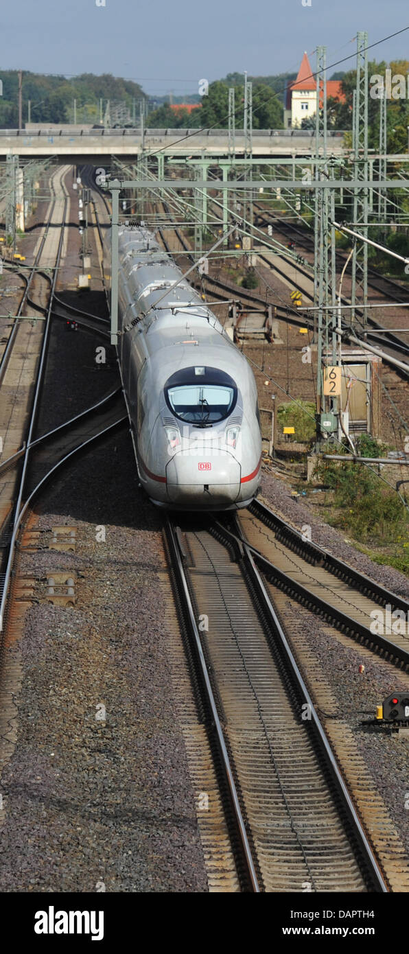 A Velaro D ICE highspeed train is seen during a test run on a railway ...