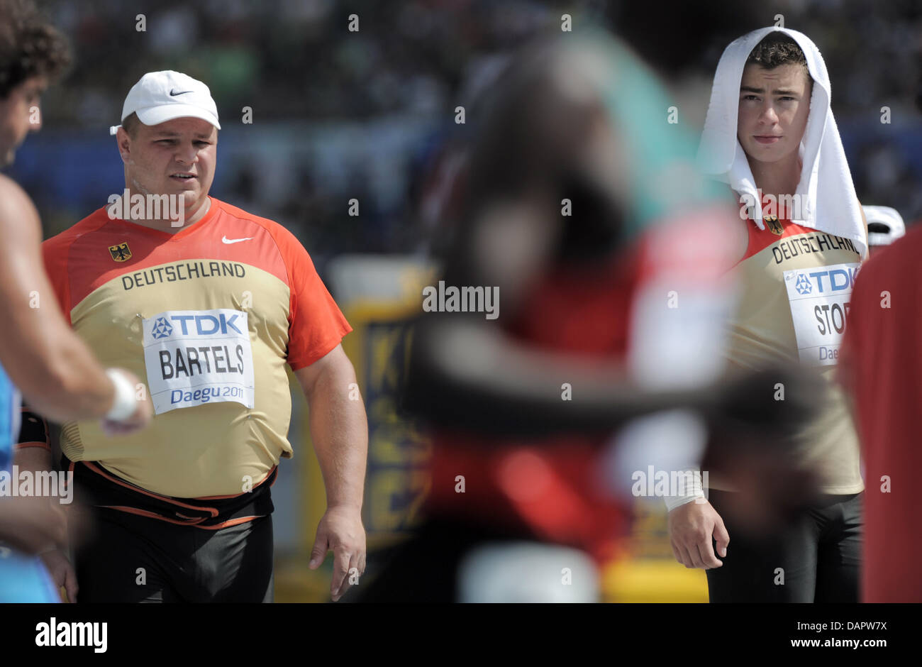 David Storl (R) and Ralf Bartels of Germany in Shot Put Qualification ...