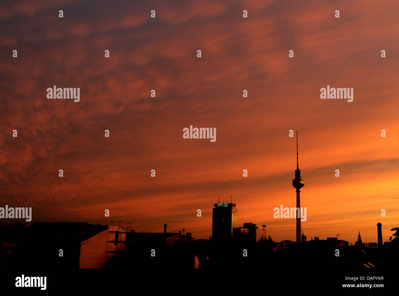 The sunset colours the sky fire red over Berlin, Germany, 05 September ...