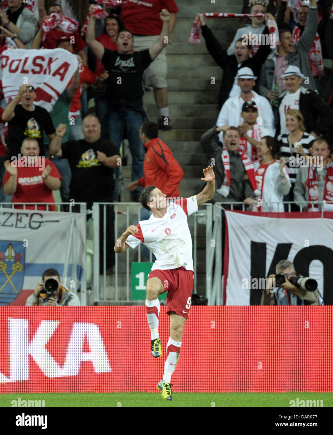 Poland's Robert Lewandowski celebrates his 1-0 goal during their ...