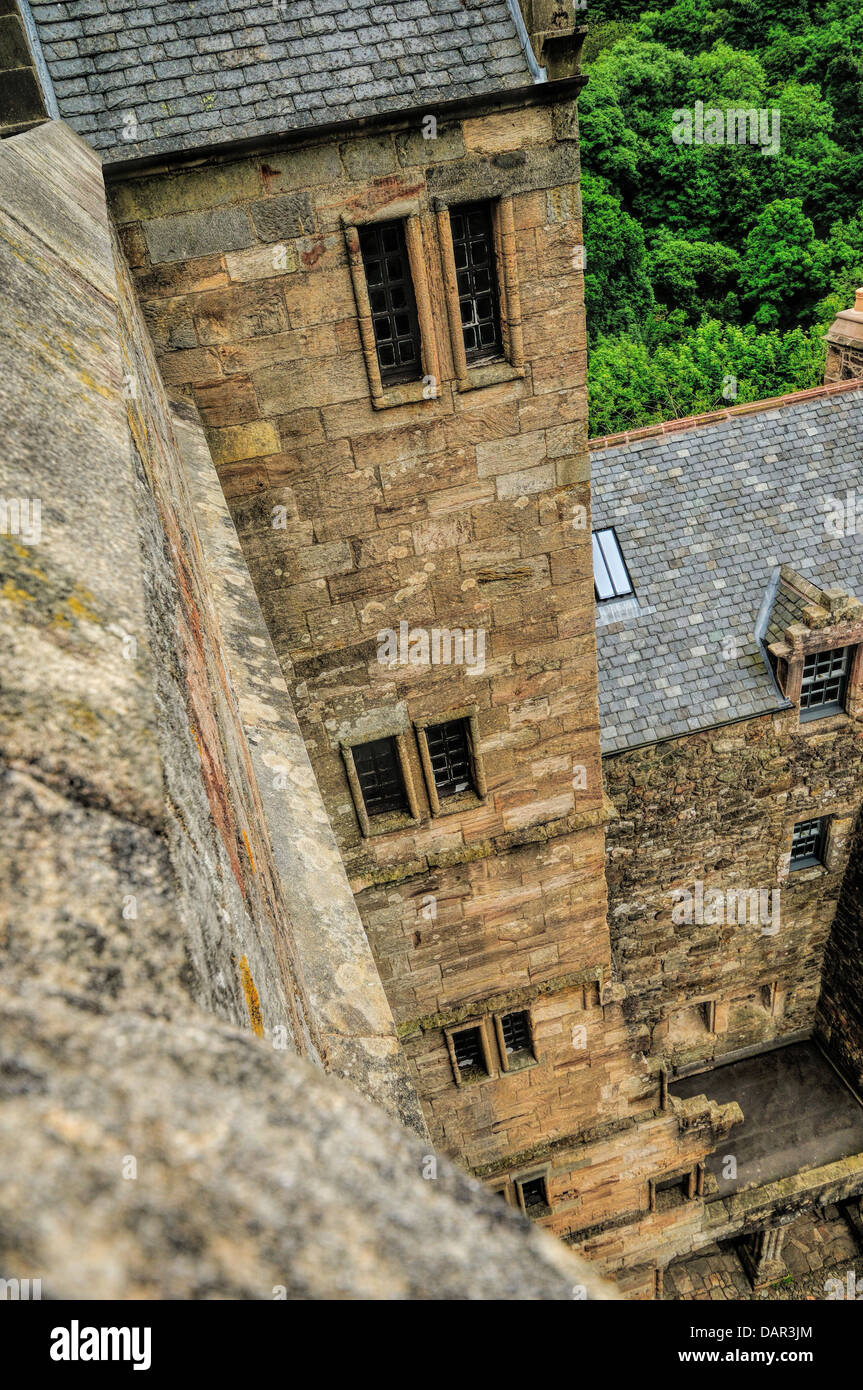 Looking down from the top rampart of Castle Campbell, with the tower ...