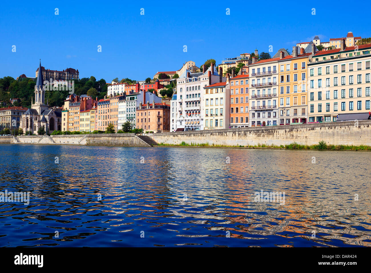 Lyon cityscape from Saone river with colorful houses and river Stock ...