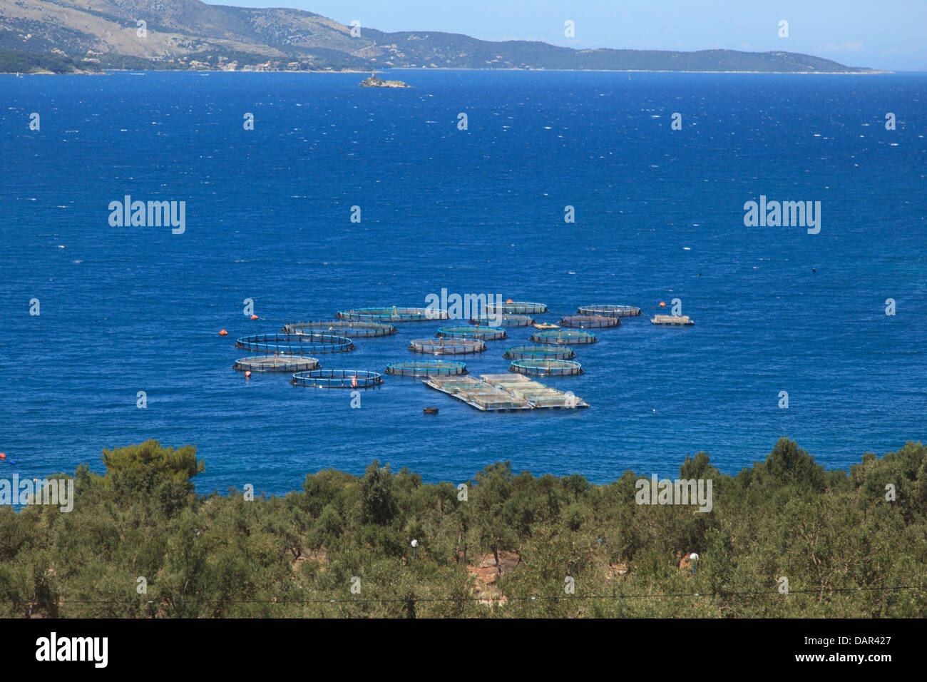 Fish farm off the coast of Albania just south of Saranda Stock Photo ...