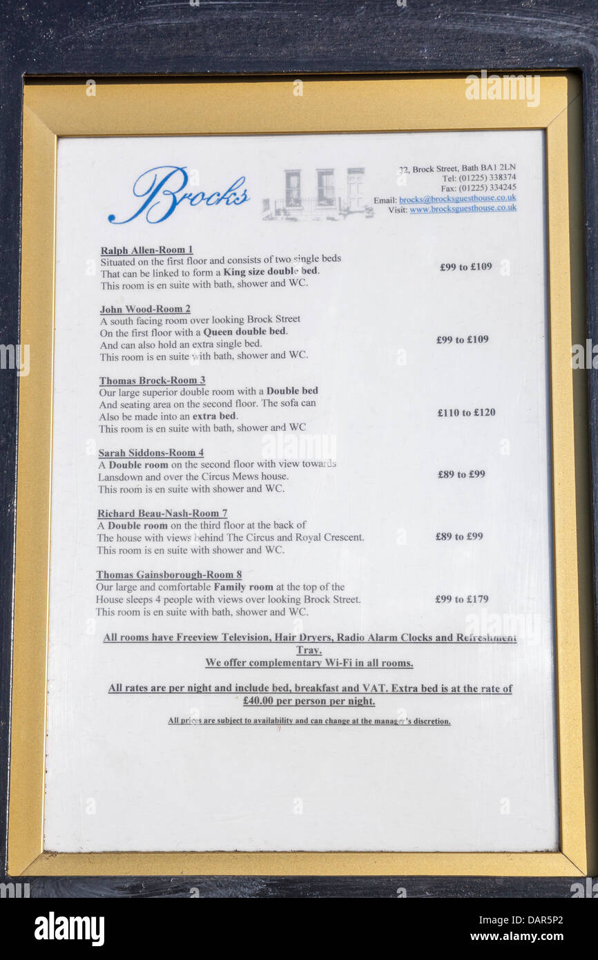England, Somerset, Bath, Hotel Room Description and Price Menu Stock ...