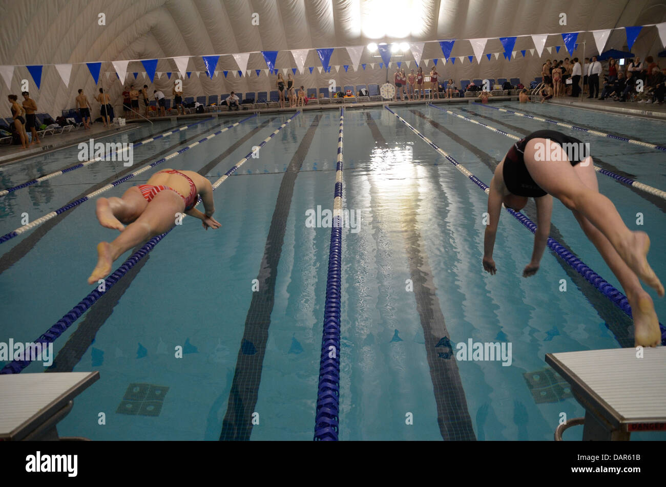 two teens dive into a pool during a swim meet in Md Stock Photo - Alamy