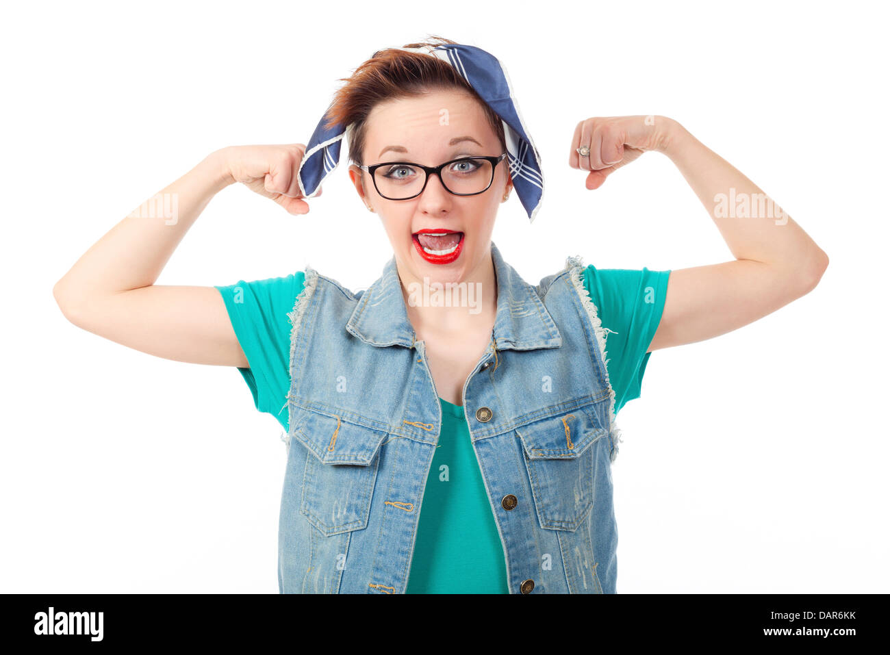 Young teenager, dressed casually and wearing glasses, a girl, makes ...