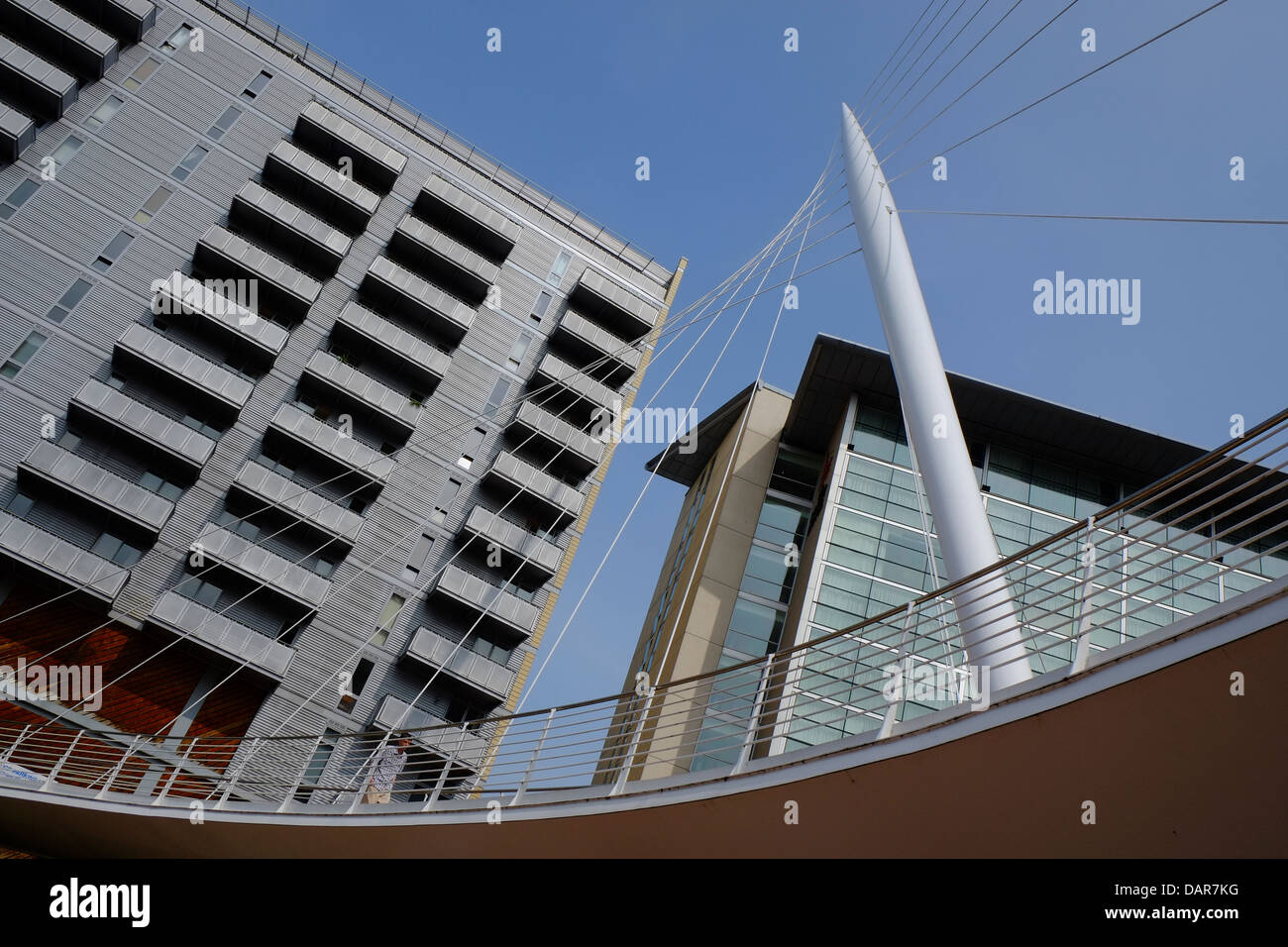 England, Manchester view towards suspension bridge and the Lowry hotel ...