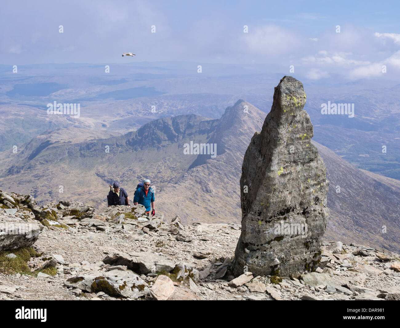Walkers near stone marker at top of Watkin path on Snowdon south ridge ...
