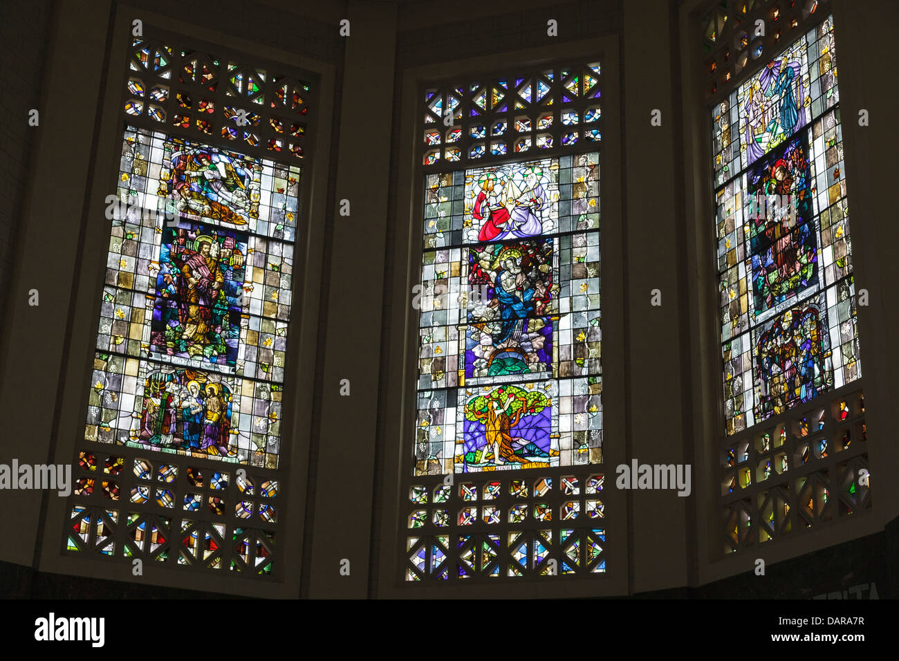 Africa, Mozambique, Maputo. Stained glass windows in historic church ...