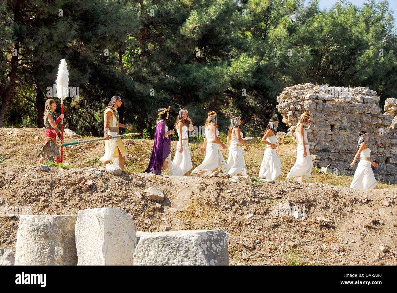 Actors recreating the Roman sport of gladiators in front of the Roman ...