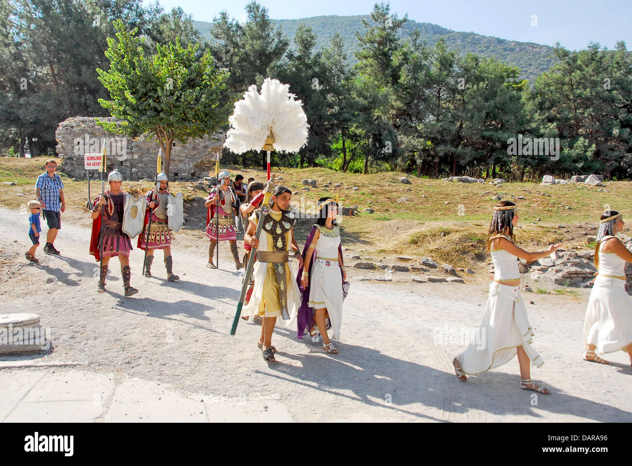 Actors recreating the Roman sport of gladiators in front of the Roman ...