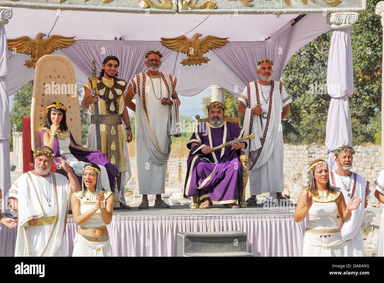 Actors recreating the Roman sport of gladiators in front of the Roman ...