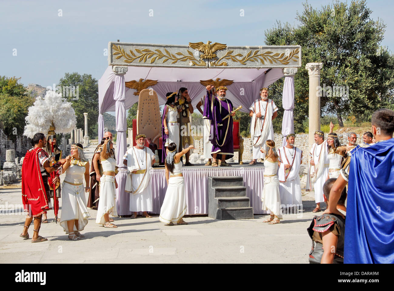 Actors recreating the Roman sport of gladiators in front of the Roman ...