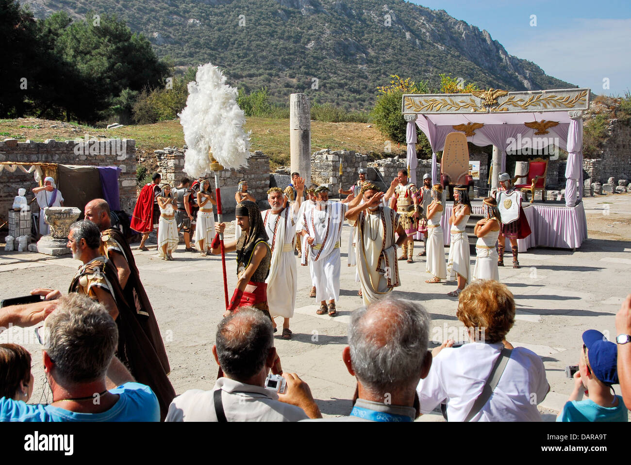 Actors recreating the Roman sport of gladiators in front of the Roman ...