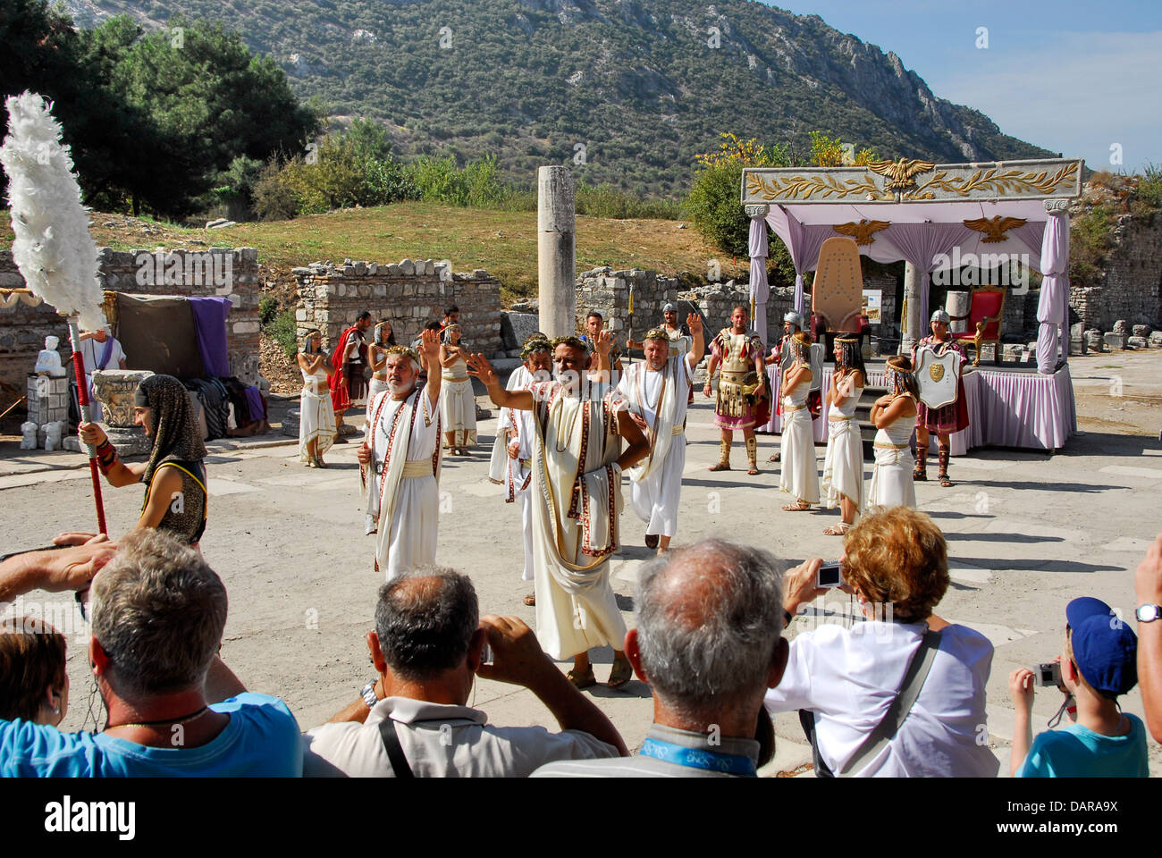 Actors recreating the Roman sport of gladiators in front of the Roman ...