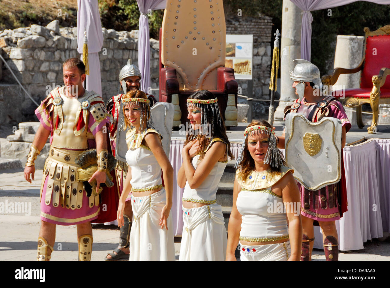 Actors recreating the Roman sport of gladiators in front of the Roman ...