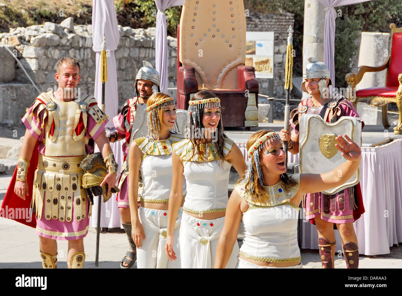 Actors recreating the Roman sport of gladiators in front of the Roman ...