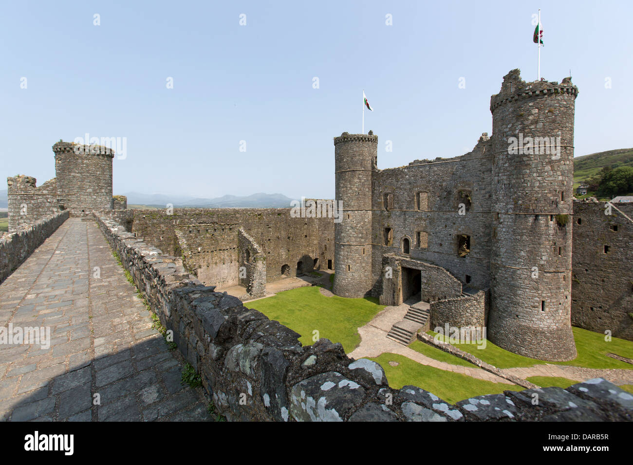 Town of Harlech, Wales. Harlech Castle inner ward with the gatehouse on ...
