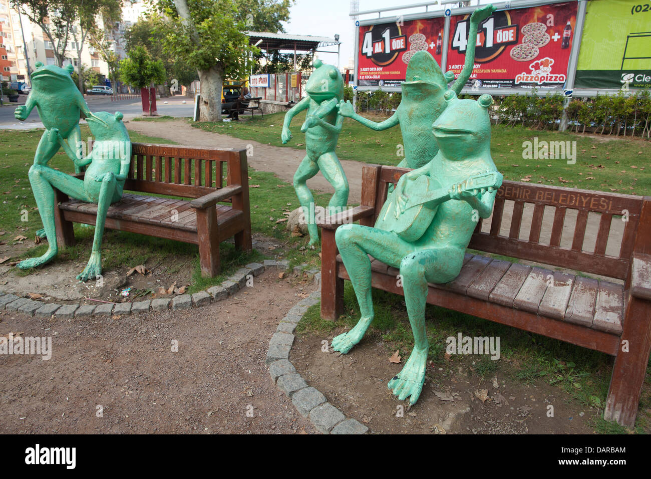 Frog sculptures at the entrance to Karaalioglu Park, Antalya, Turkey ...