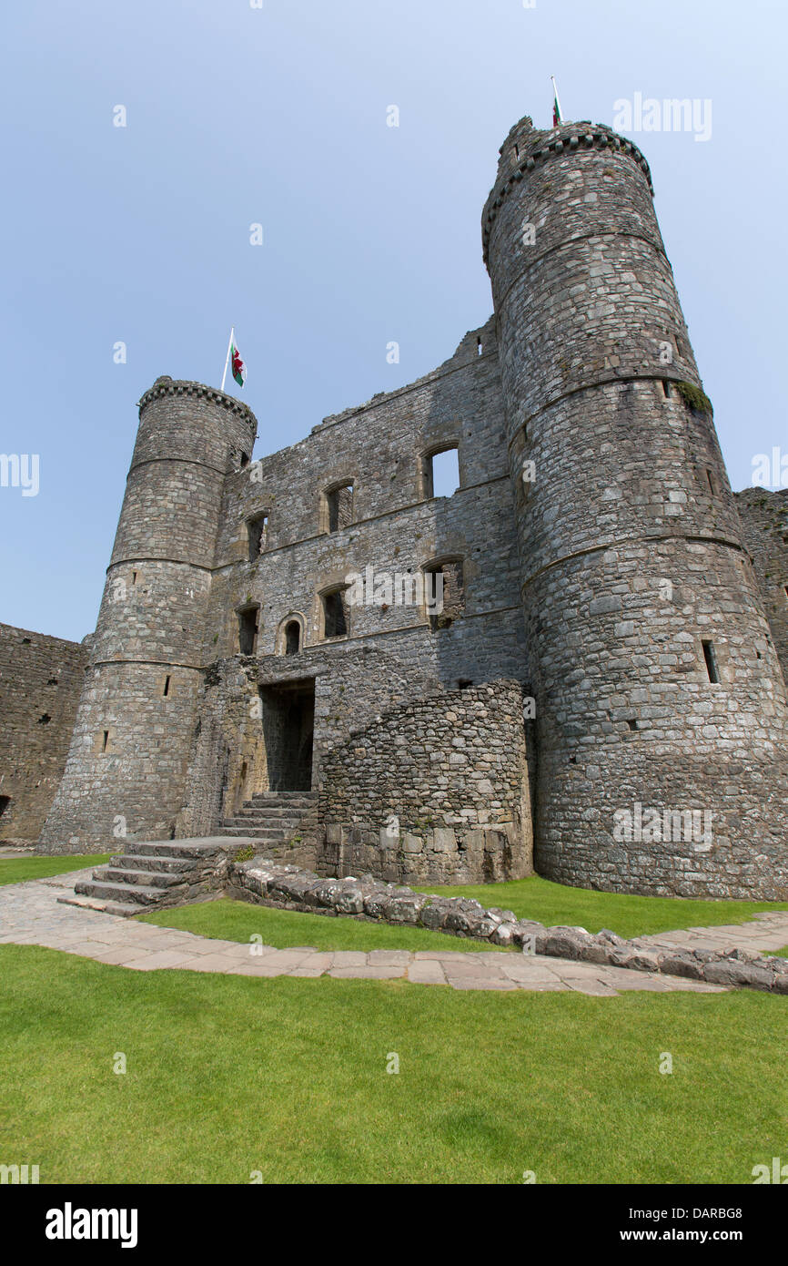 Town of Harlech, Wales. Picturesque view of Harlech Castle gatehouse ...