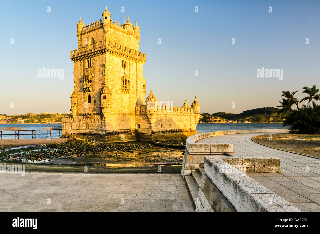 Belem Tower (Torre de Belem) with golden evening light in Lisbon ...