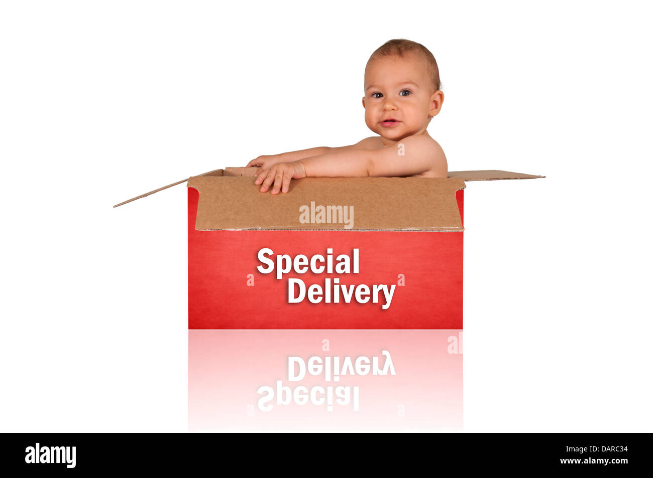 Little baby in box isolated on white background Stock Photo - Alamy
