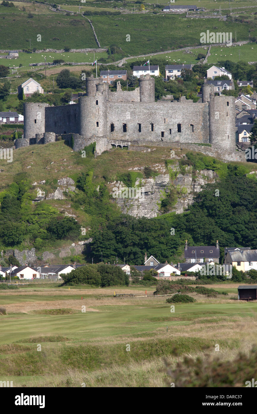 Town of Harlech, Wales. The late 13th century Harlech Castle, with the ...