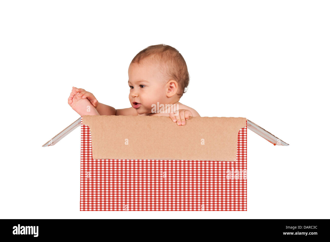 Happy baby in the box isolated on white background Stock Photo - Alamy