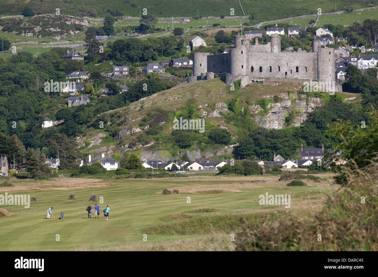 Town of Harlech, Wales. The late 13th century Harlech Castle, with the ...