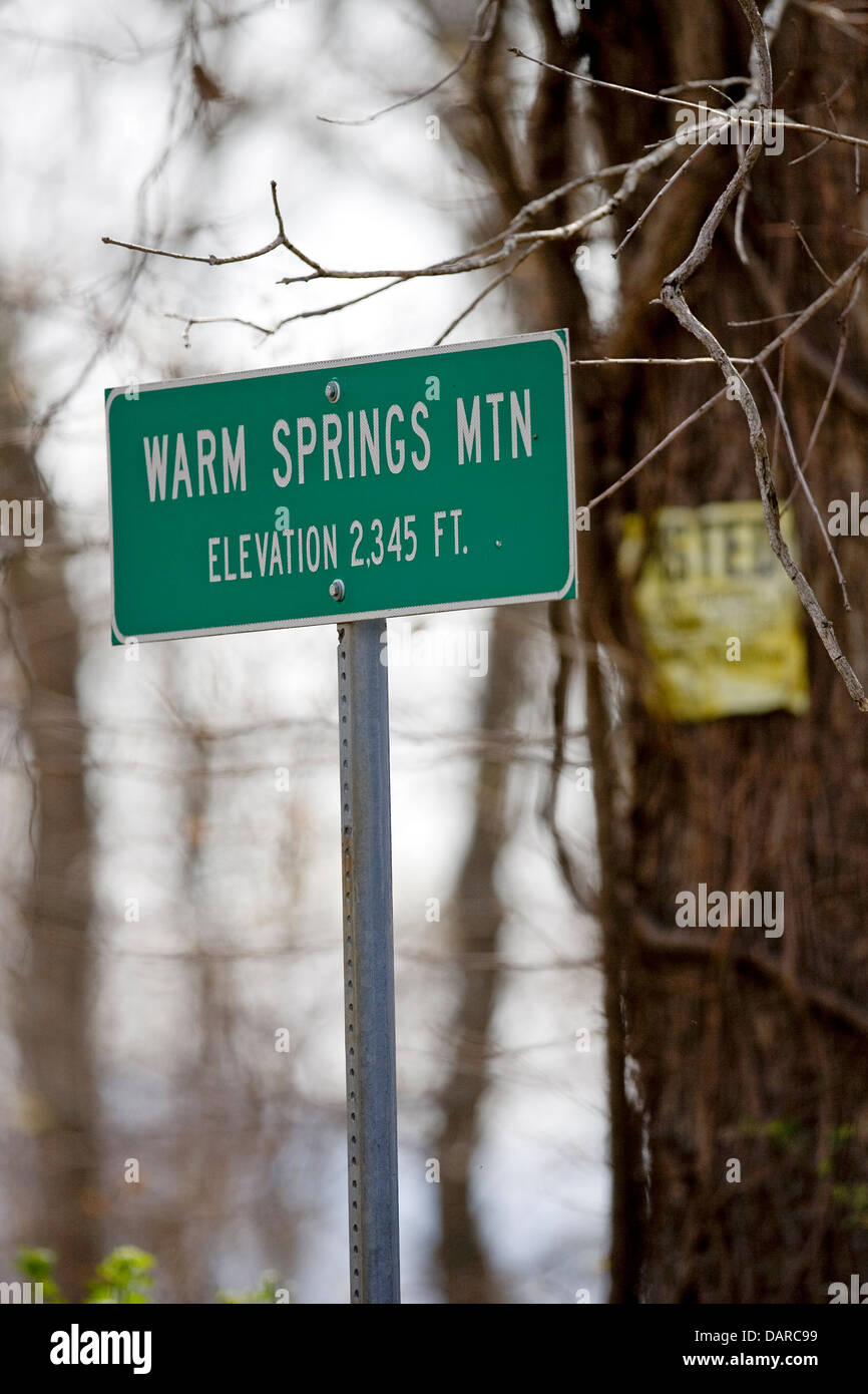 Sign at the top of Warm Springs Mountain, elevation 2,345 feet ...
