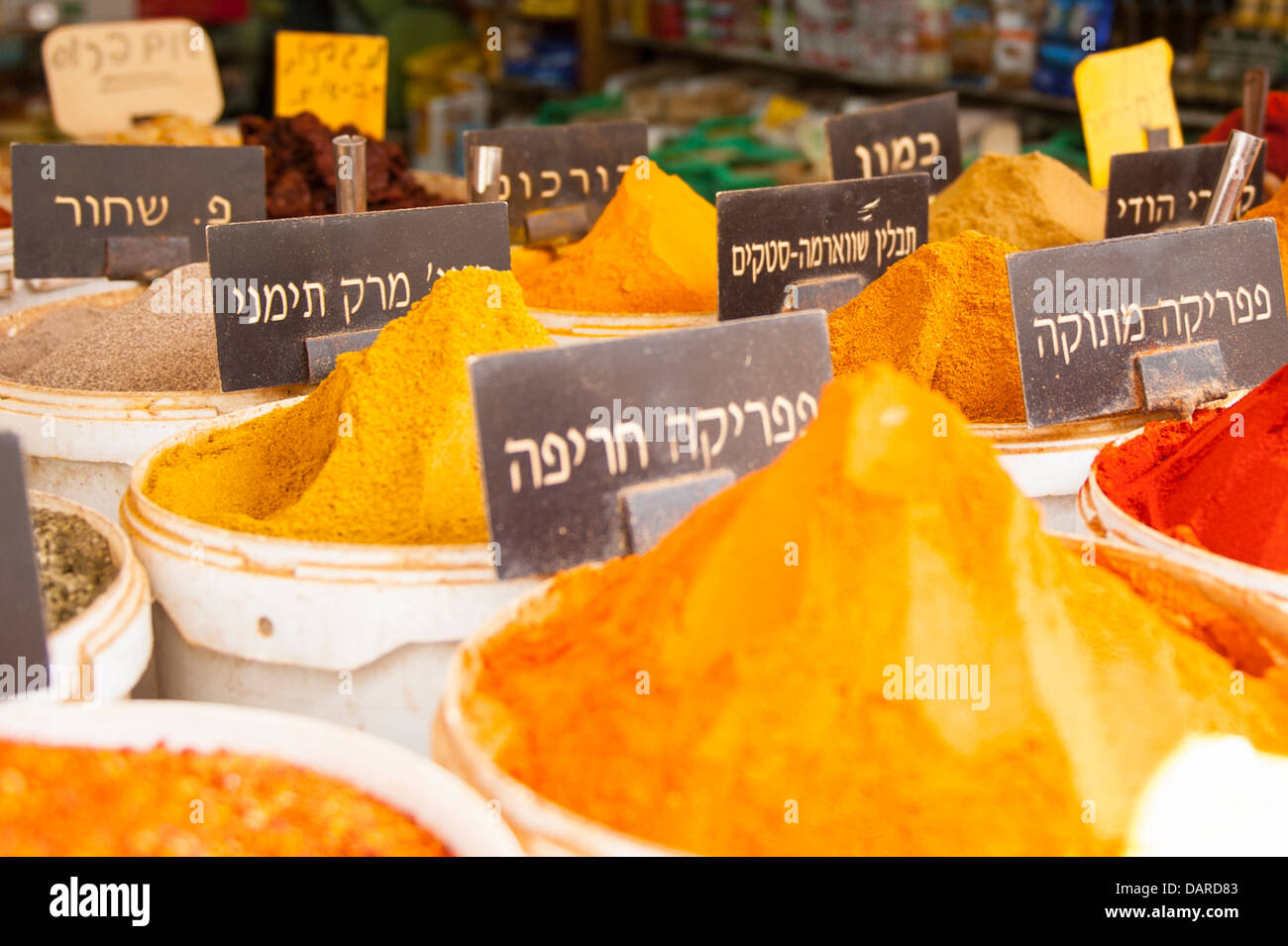 Israel Tel Aviv Carmel Market fresh spices shop store curry chilly ...
