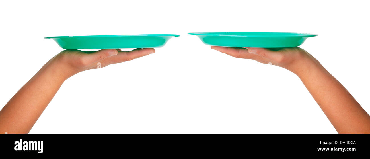 Hand holding tray on white isolation Stock Photo - Alamy