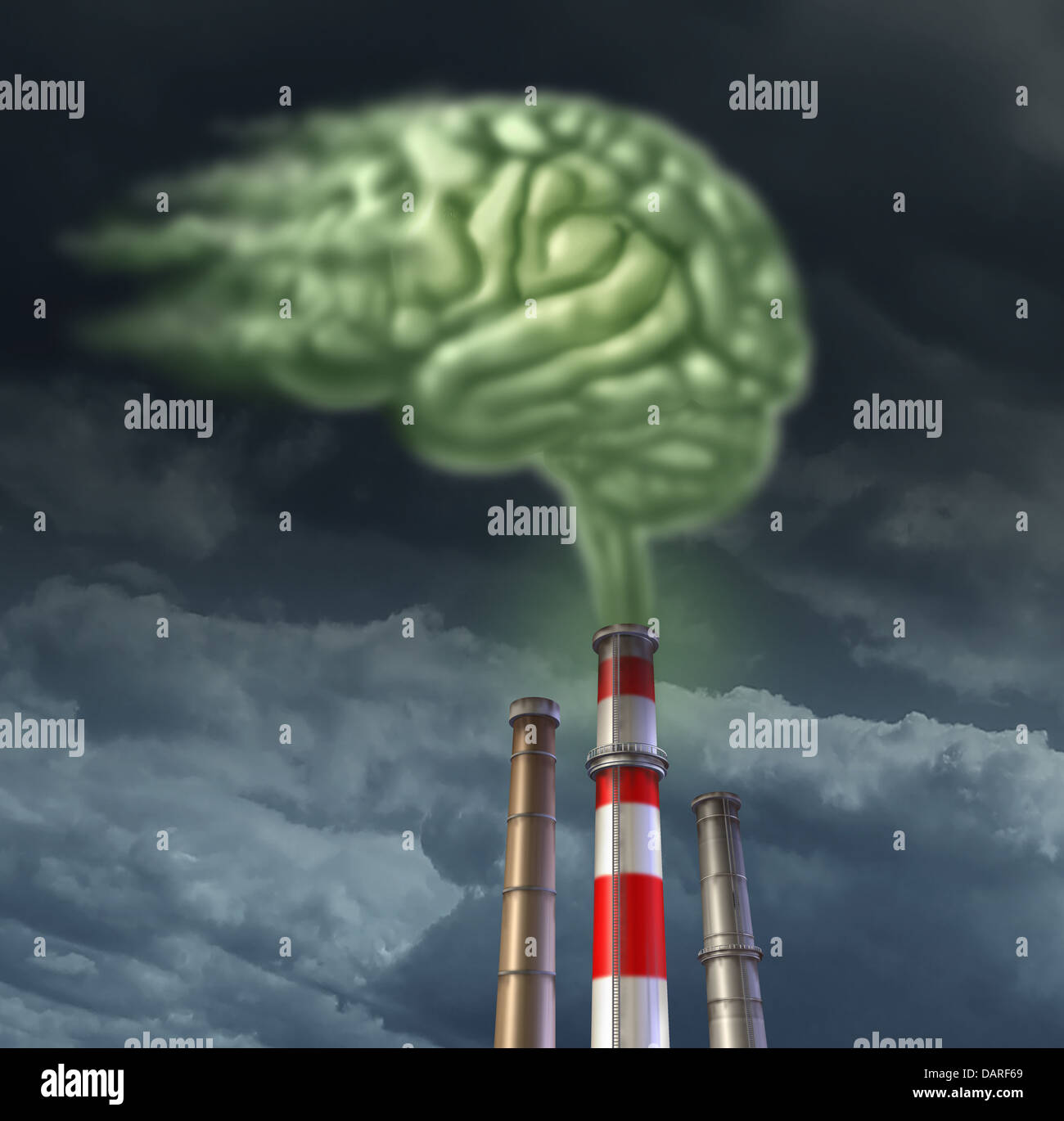 Pollution solutions with a group of refinery smoke stacks releasing ...