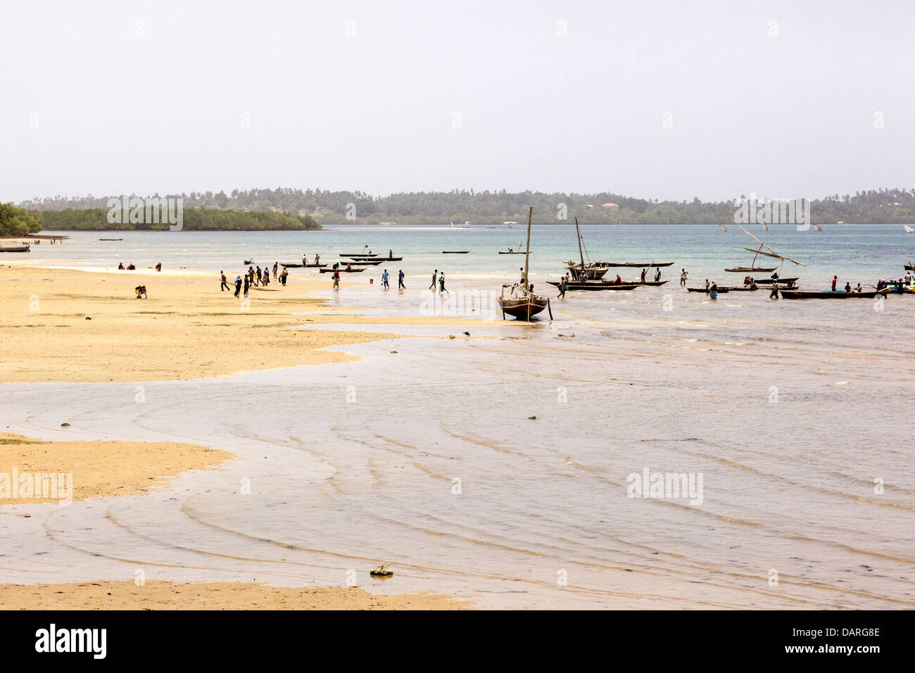 Africa, Tanzania, Zanzibar, Pemba Island. People in traditional dhow ...