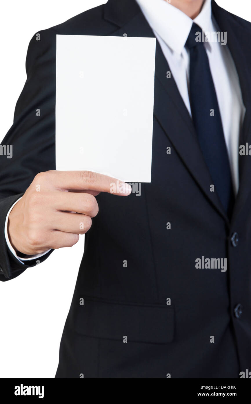 Businessman holding blank paper isolated on white background with ...