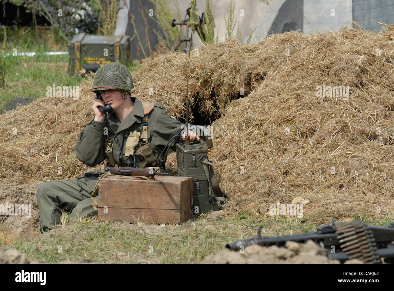 WW2 enthusiasts in uniform. Telephone operator. War and Peace Revival ...