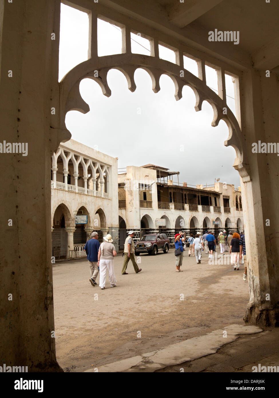 Africa, Eritrea, Massawa, Old Town, group of cruise ship passengers ...