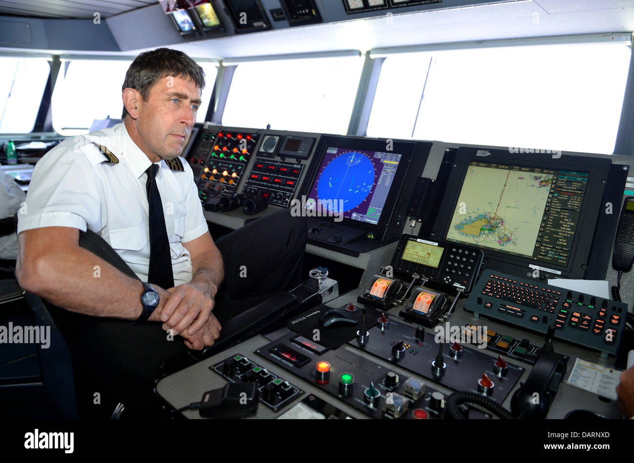 Condor Ferries Vitesse catamaran passenger ship, captain on the bridge ...