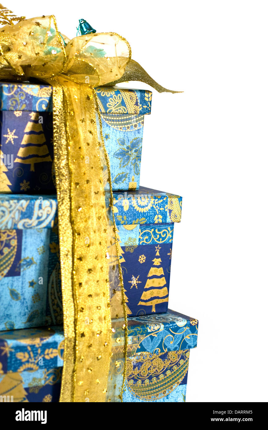 pyramid of blue gift boxes Stock Photo - Alamy