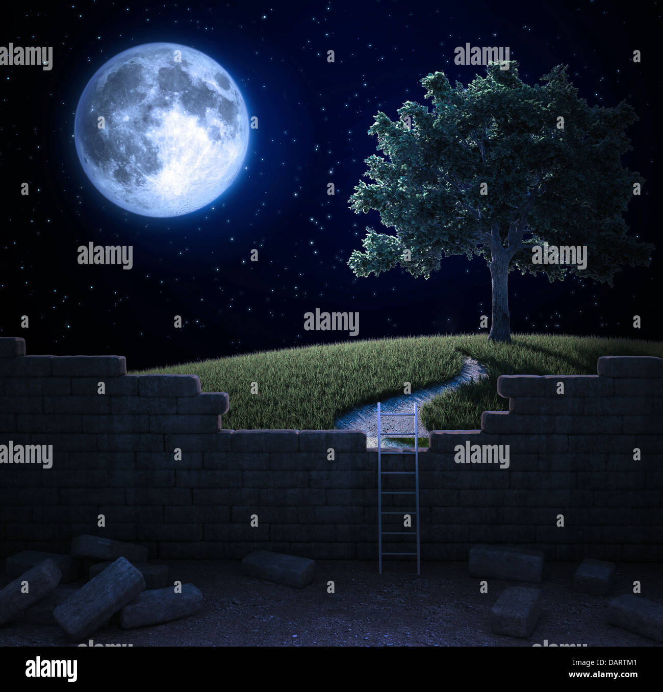 A beautiful landscape beyond the wall - freedom and opportunity concept ...