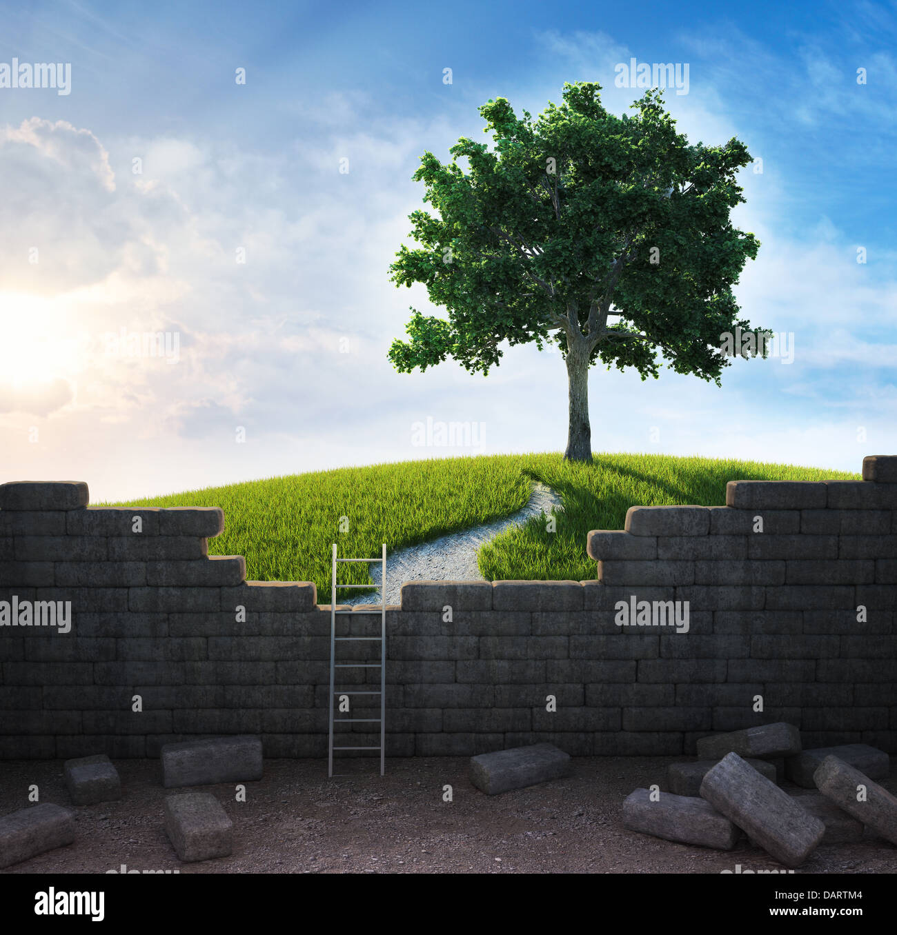 A beautiful landscape beyond the wall - freedom and opportunity concept ...