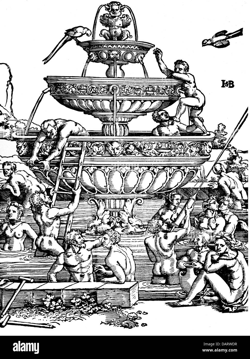 bathing, fountain of youth, copper engraving by Hans Sebald Beham ...