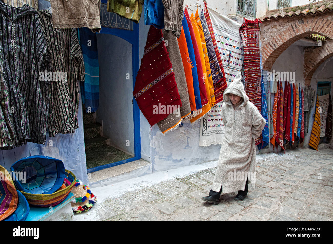Textile shops in the medina of Chefchaouen, Rif region, Morocco Stock ...